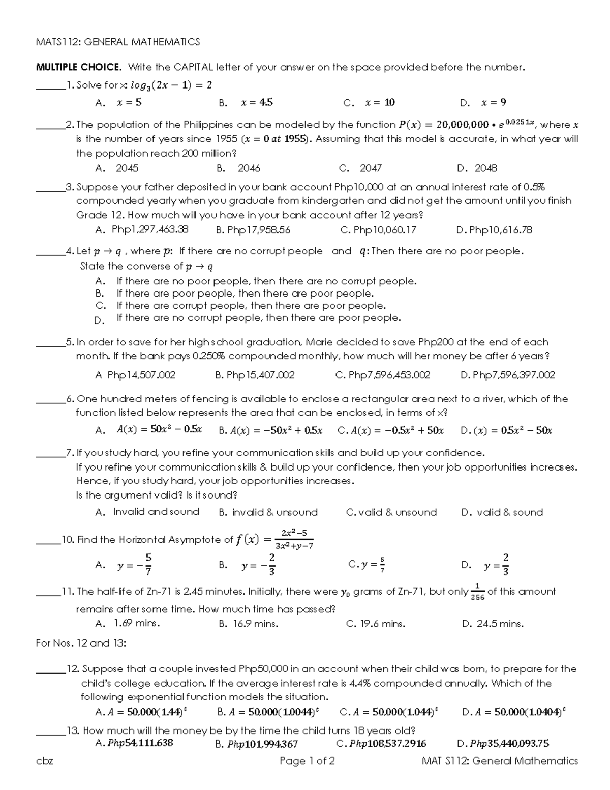 MATS112: General Mathematics MCQ Reviewer - Studocu