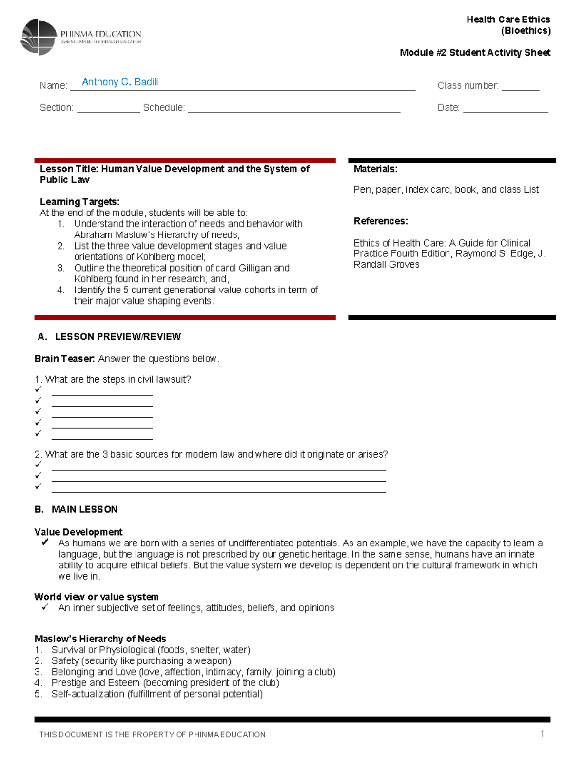 Bioethics Module 2 Student Activity Sheet: Human Value Development ...