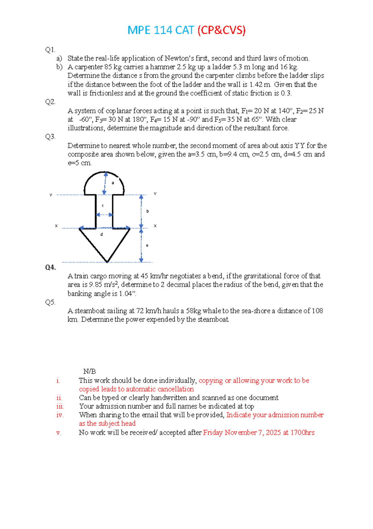 MPE 114 CAT 1 - Application of Motion Laws & Force Analysis - Studocu