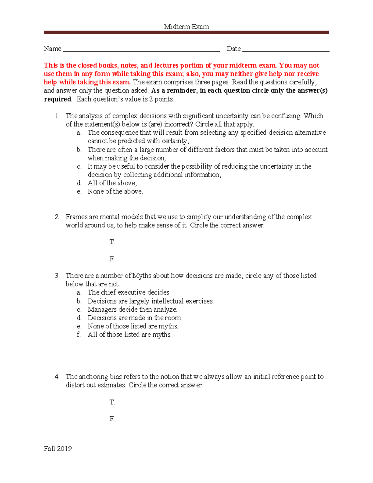 Midterm Exam Notes for Course XYZ Fall 2019: Decision Analysis - Studocu