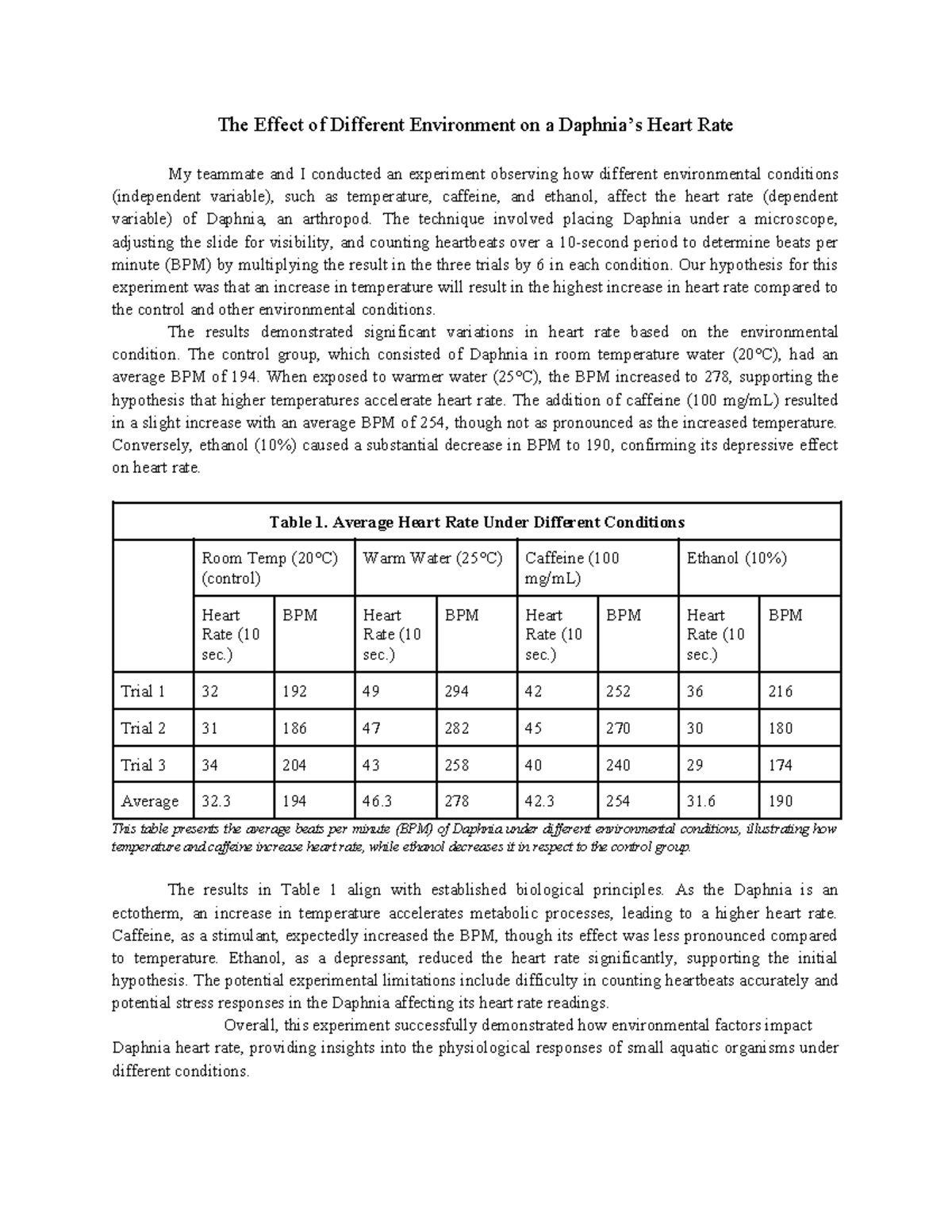 BIO 101 Daphnia Lab Report on Environmental Effects on Heart Rate - Studocu
