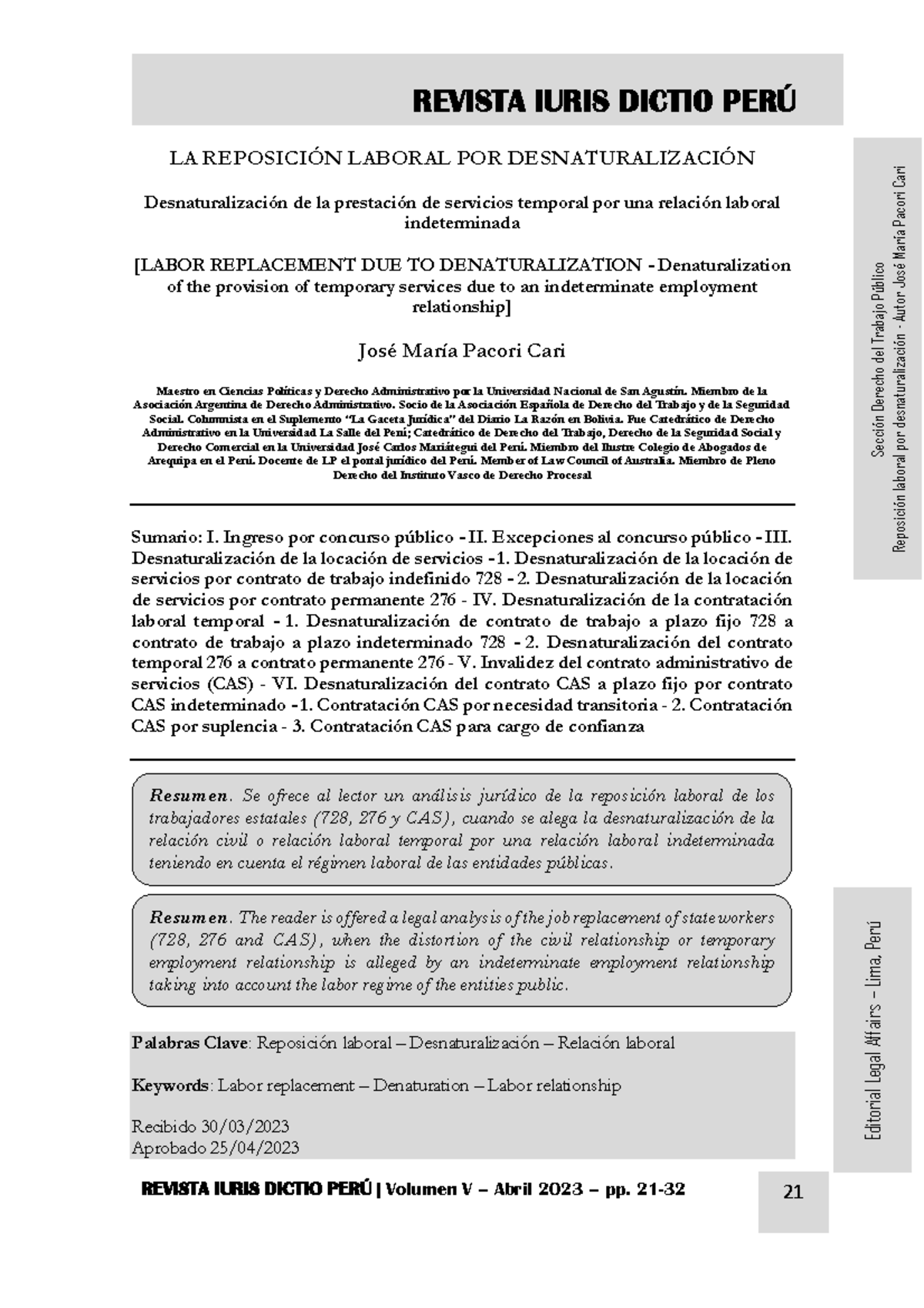 La Reposición Laboral por Desnaturalización - Autor José María Pacori Cari - Sección Derecho del ...