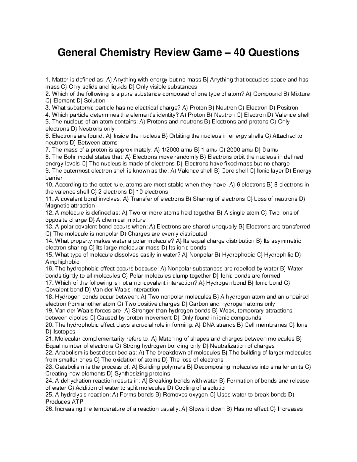 General Chemistry Review Game: 40 Key Questions and Answers - Studocu