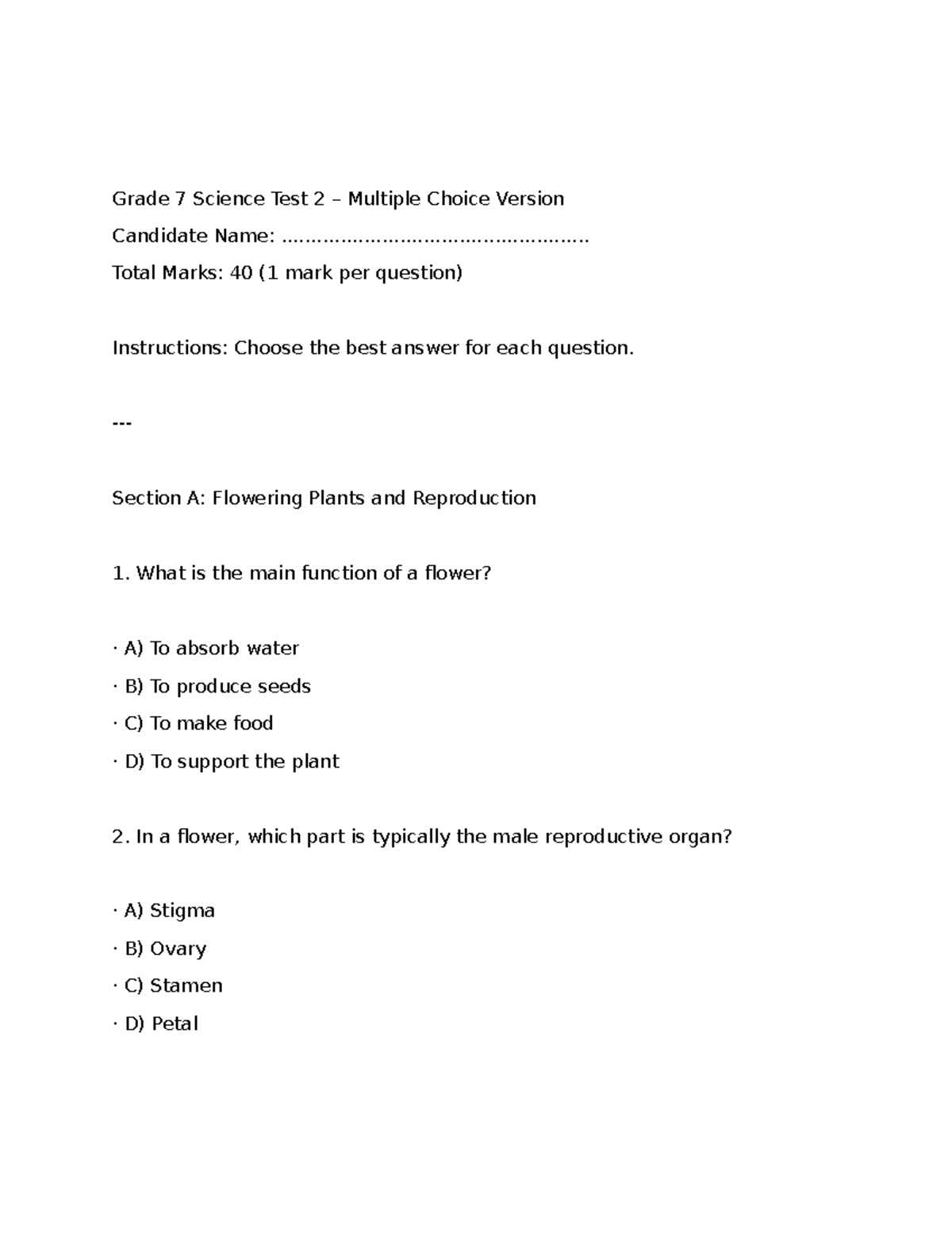 Grade 7 Science Test 2: Multiple Choice Questions - Studocu