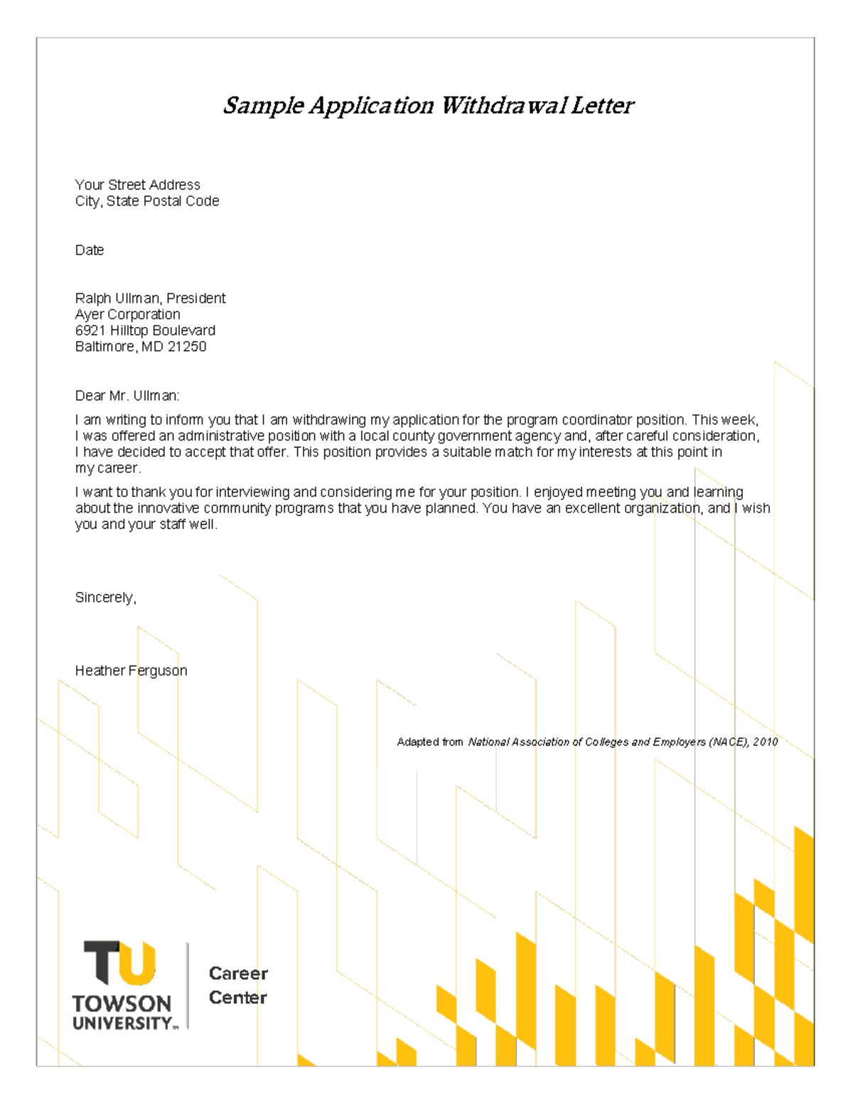 Sample Application Withdrawal Letter for Program Coordinator Position ...