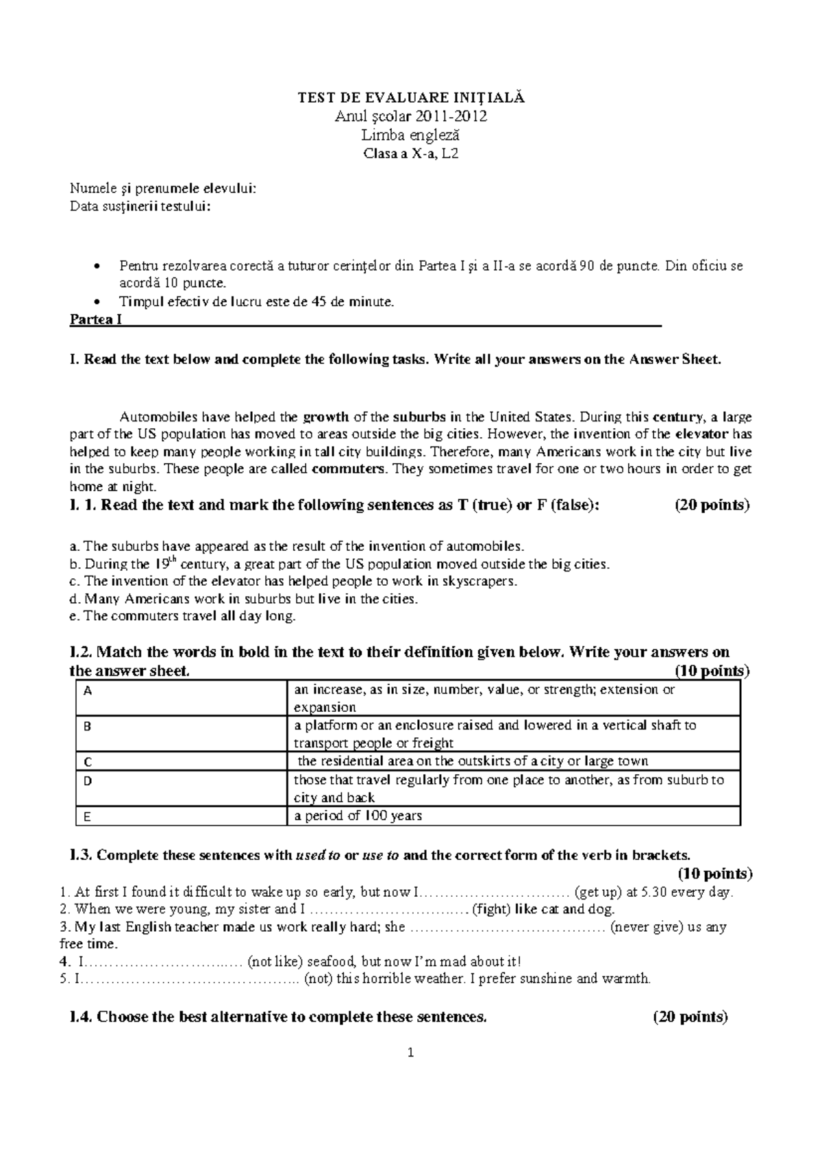 Test de Evaluare Inițială - Limba Engleză Clasa a L2 - Studocu
