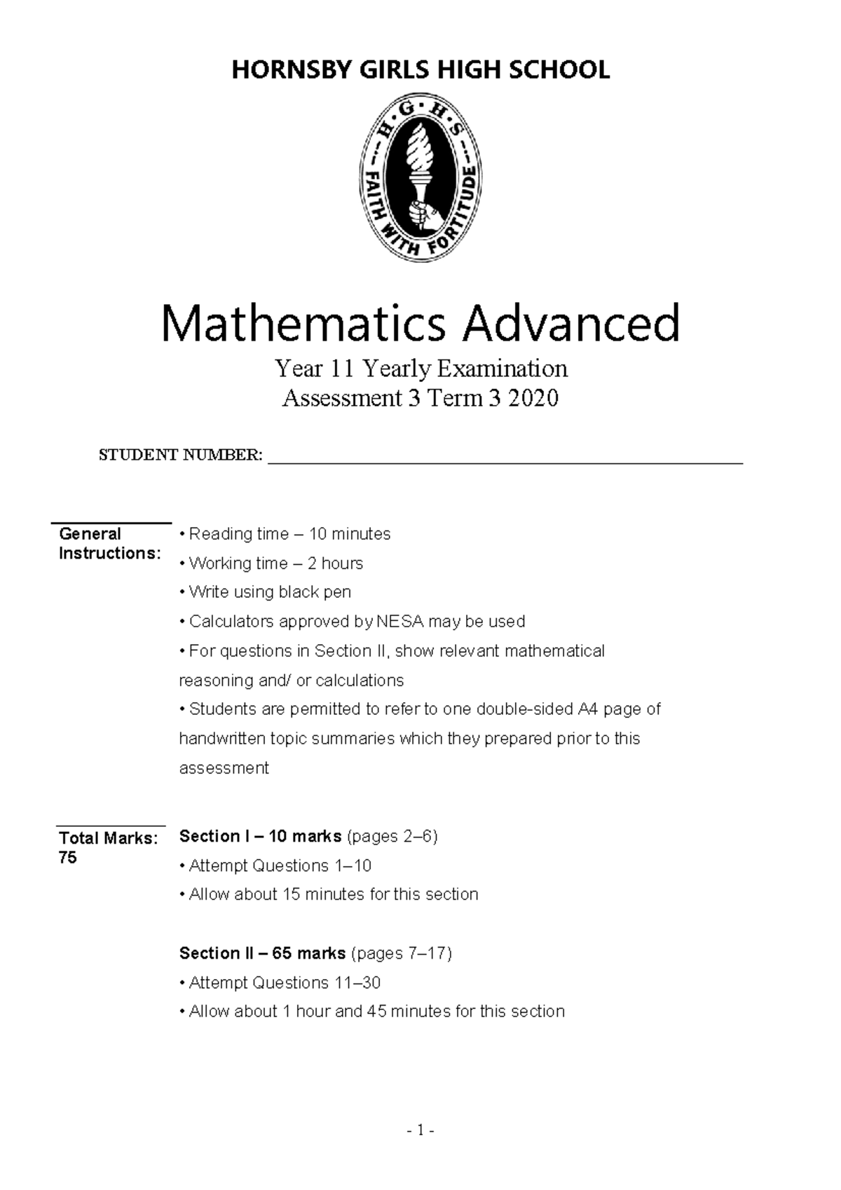 HGHS Mathematics Adv. Year 11 Term 3 Exam Paper 2020 - Studocu