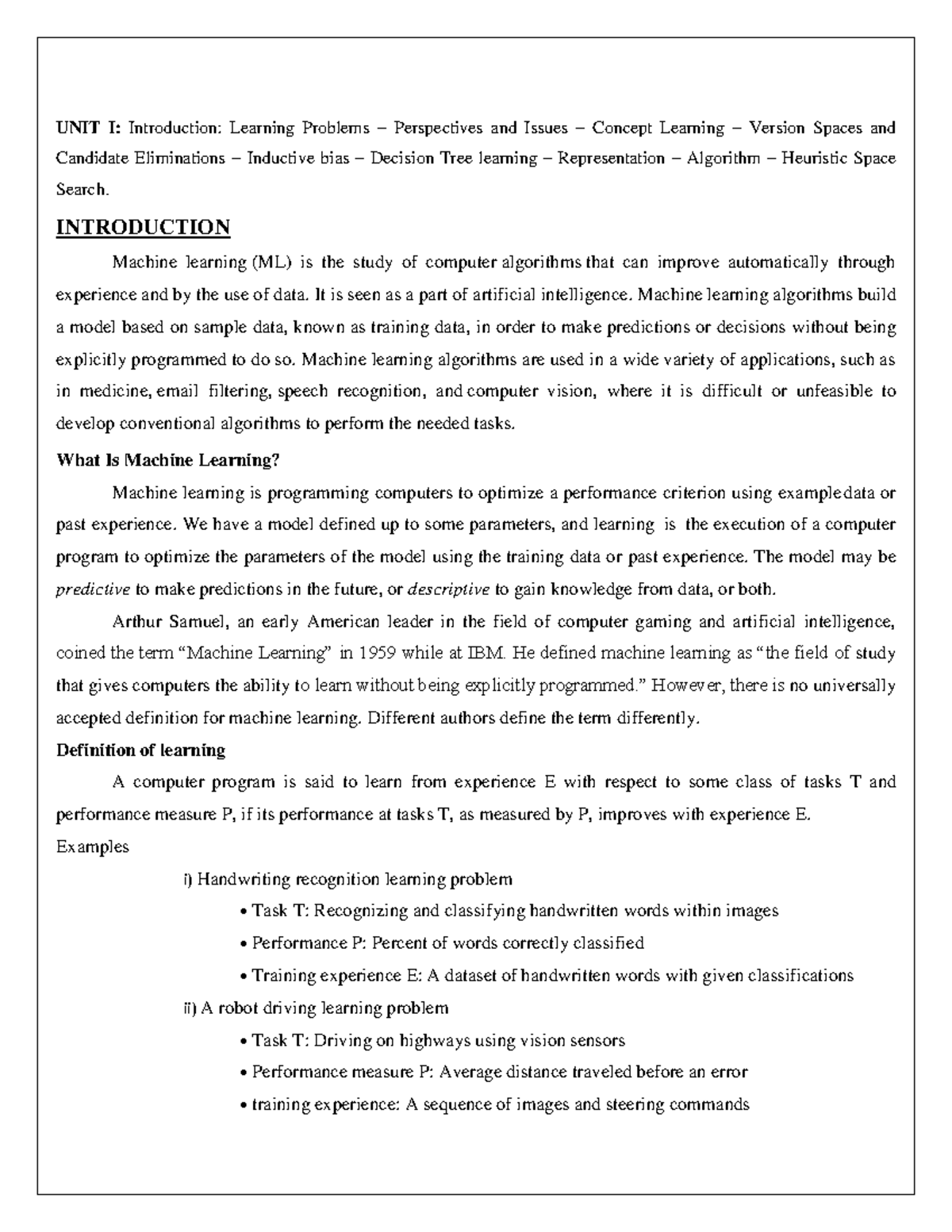 ML UNIT 1 - Introduction to Machine Learning Concepts and Algorithms - Studocu