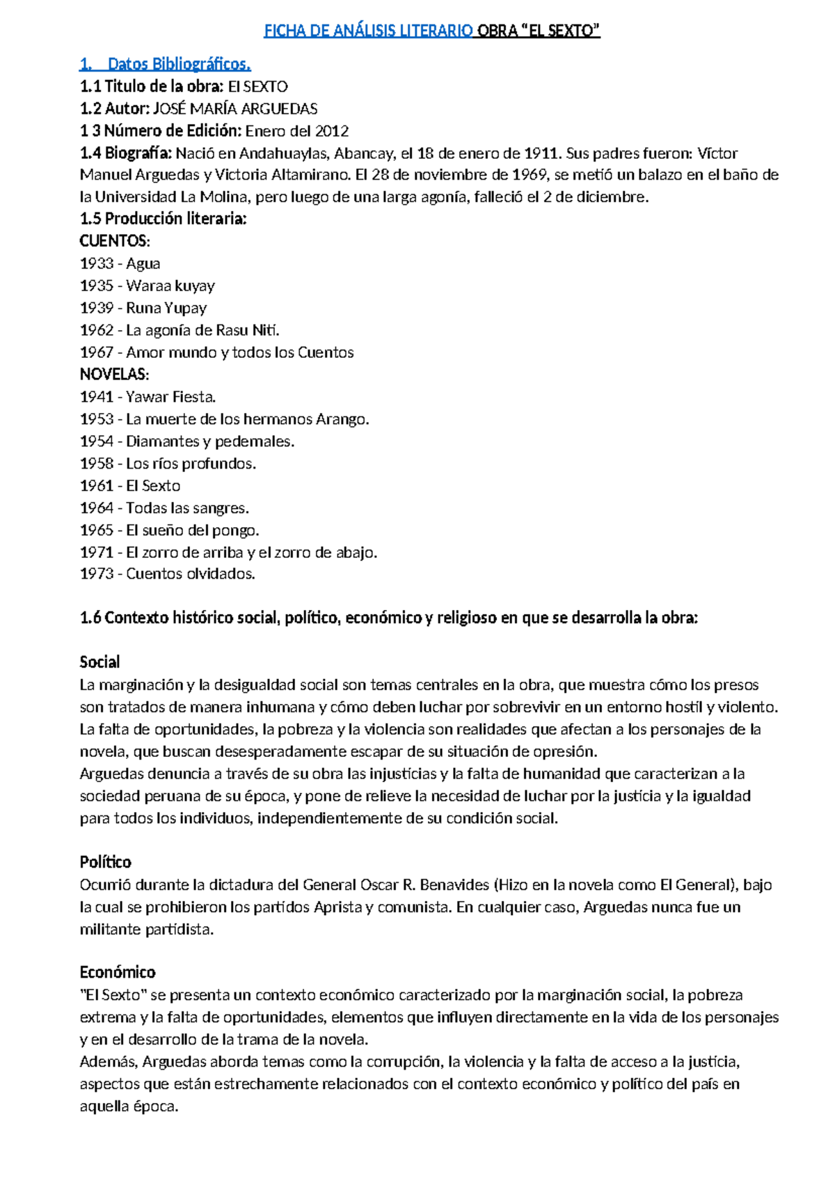 Análisis Literario de "El Sexto" de José María Arguedas - Literatura ...