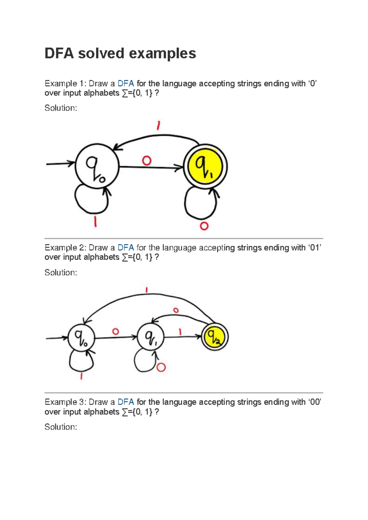 Dfa examples - Notes - DFA solved examples Example 1: Draw a DFA for ...