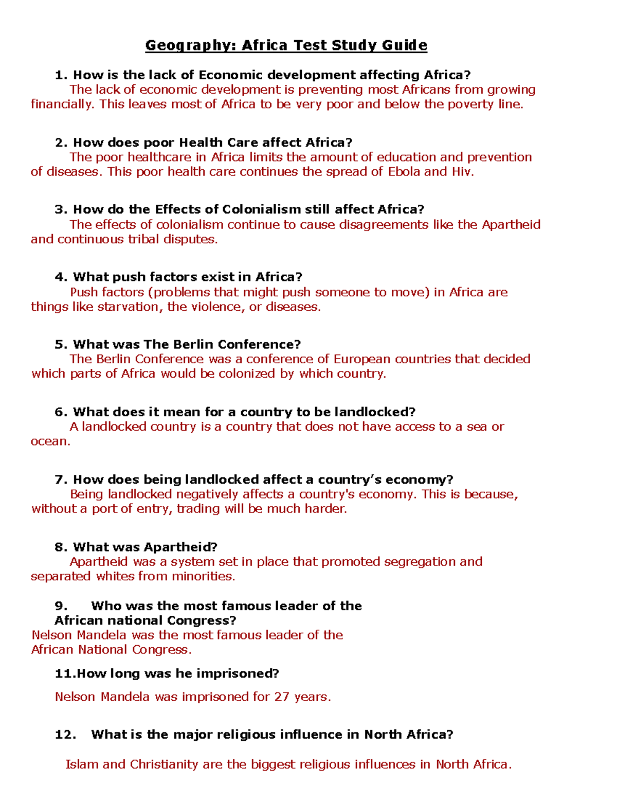 Geography Africa Test Study Guide - This leaves most of Africa to be ...