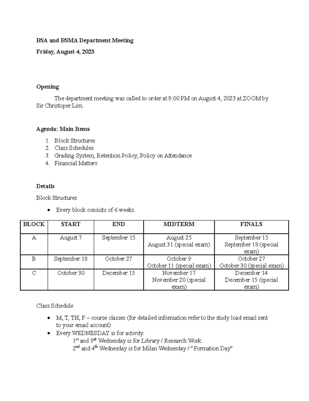 BSA/BSMA Dept Meeting Minutes – August 4, 2023 Insights - Studocu