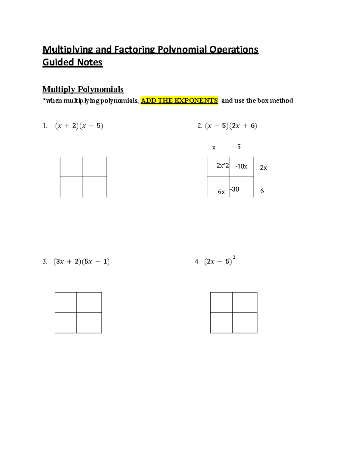 MATH101: Guided Notes on Multiplying & Factoring Polynomials - Studocu