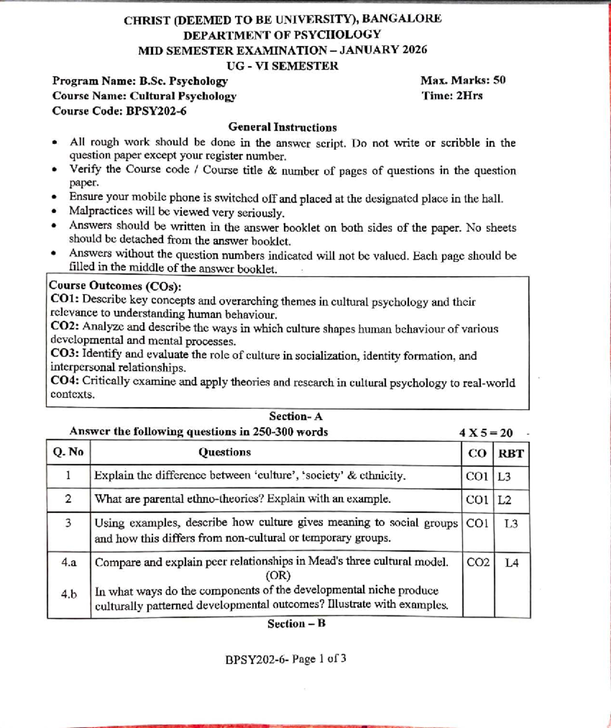 Cultural Psychology CU Mid Sem Exam PYQ 2025-26 - Studocu