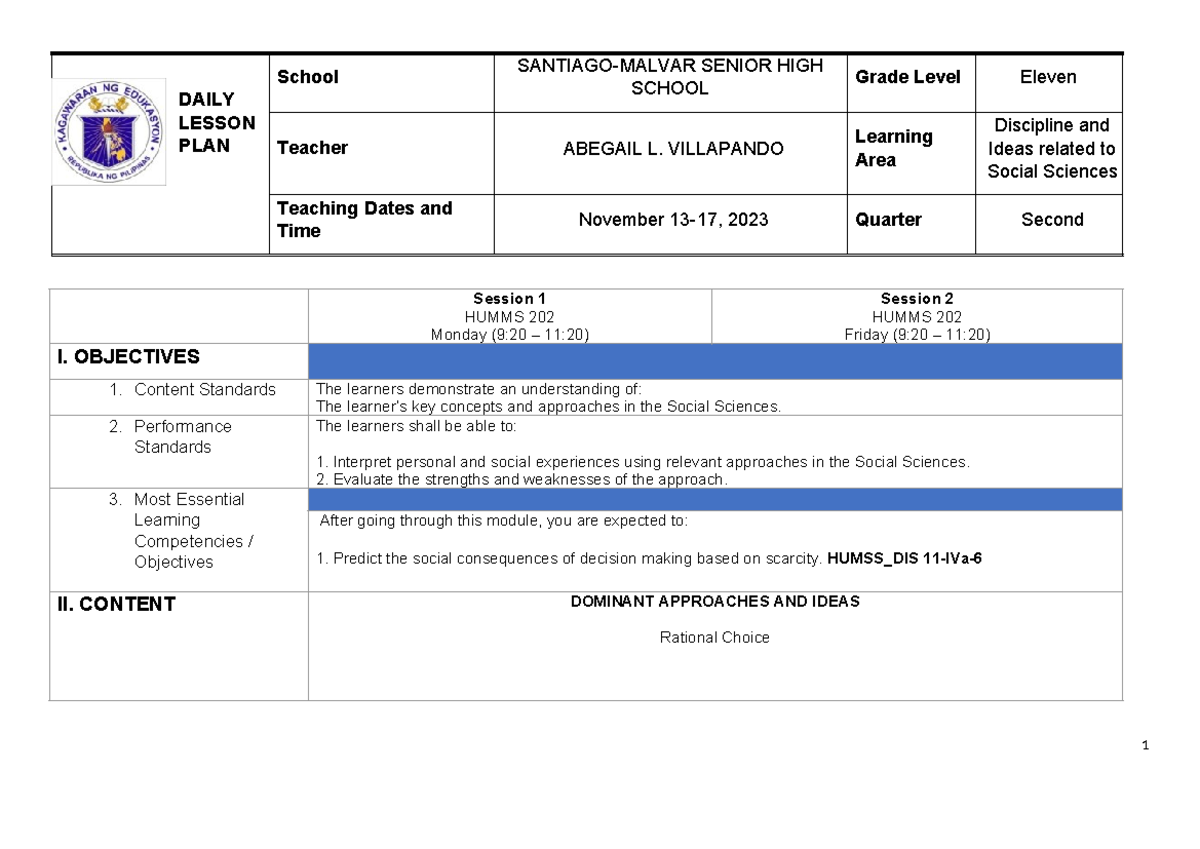 DLL-DISS-Q2-WEEK 2: Daily Lesson Plan - Rational Choice Theory - Studocu