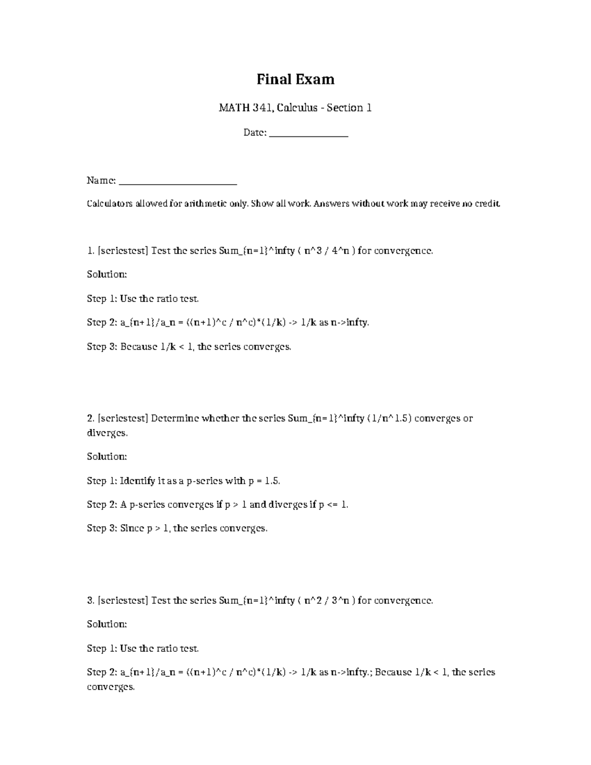 Final Exam Solutions for MATH 341: Series Convergence Tests - Studocu
