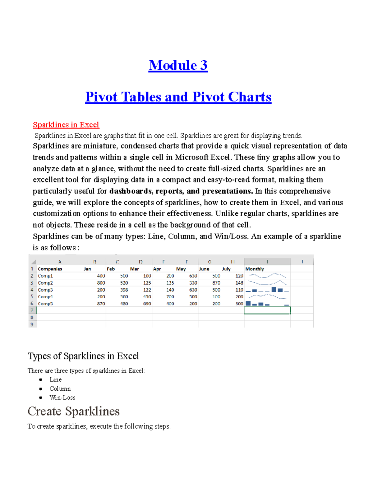 Module 3: Excel Sparklines & Pivot Tables Guide - Studocu