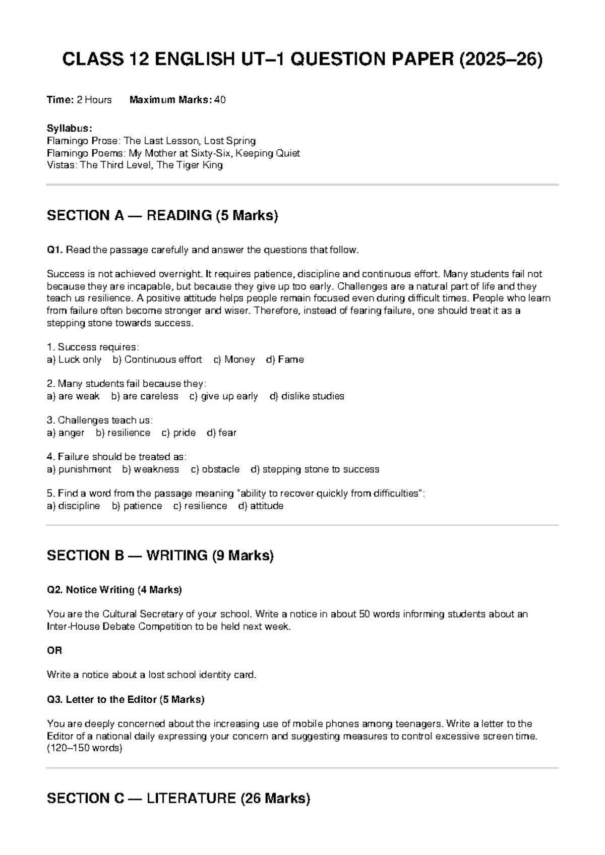 Class 12 English UT1 Test Paper: Reading, Writing & Literature - Studocu