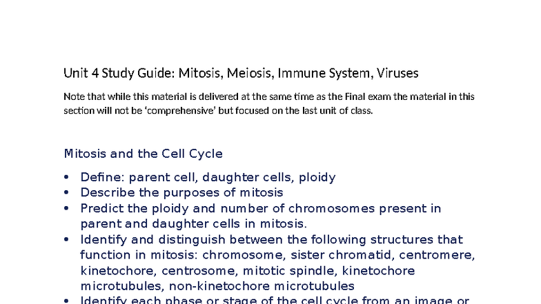 Unit 4 Study Guide: Mitosis, Meiosis, Immune System & Viruses - Studocu