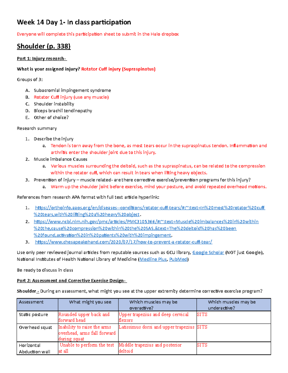 Week 14- Day 1 In class participation-Shoulder - Week 14 Day 1- In ...
