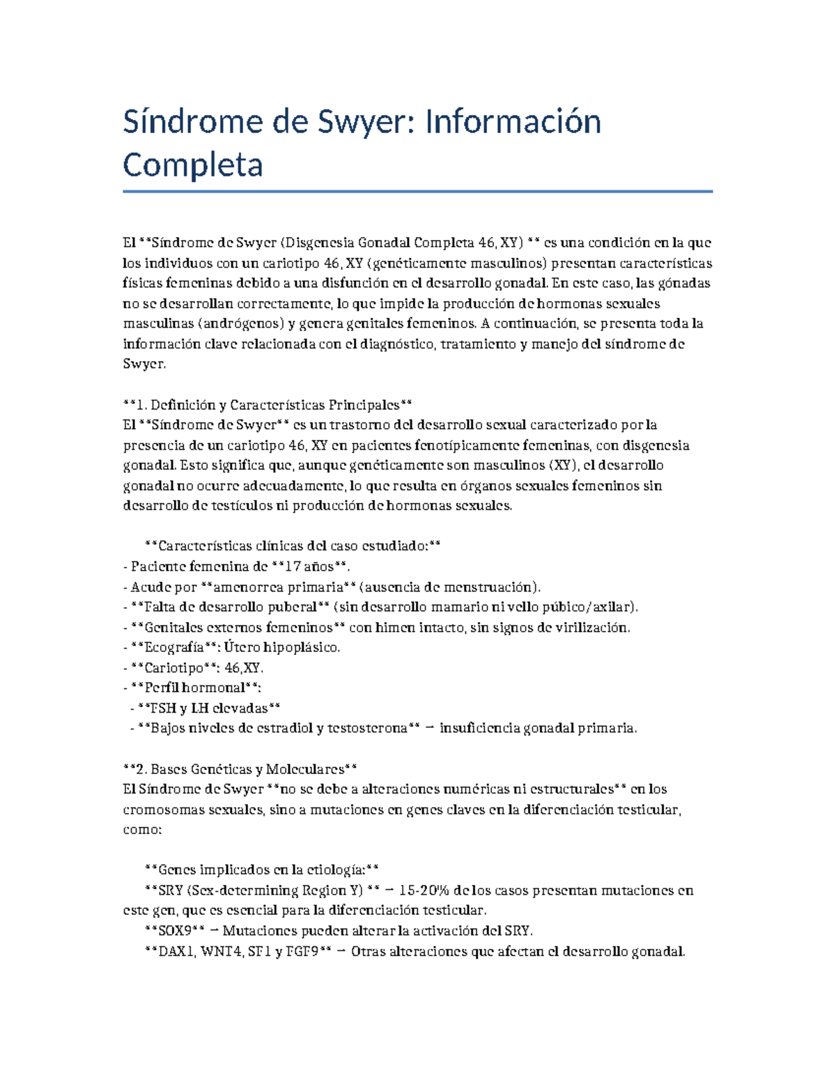 Síndrome de Swyer (46, XY): Resumen y tratamiento completo - Studocu