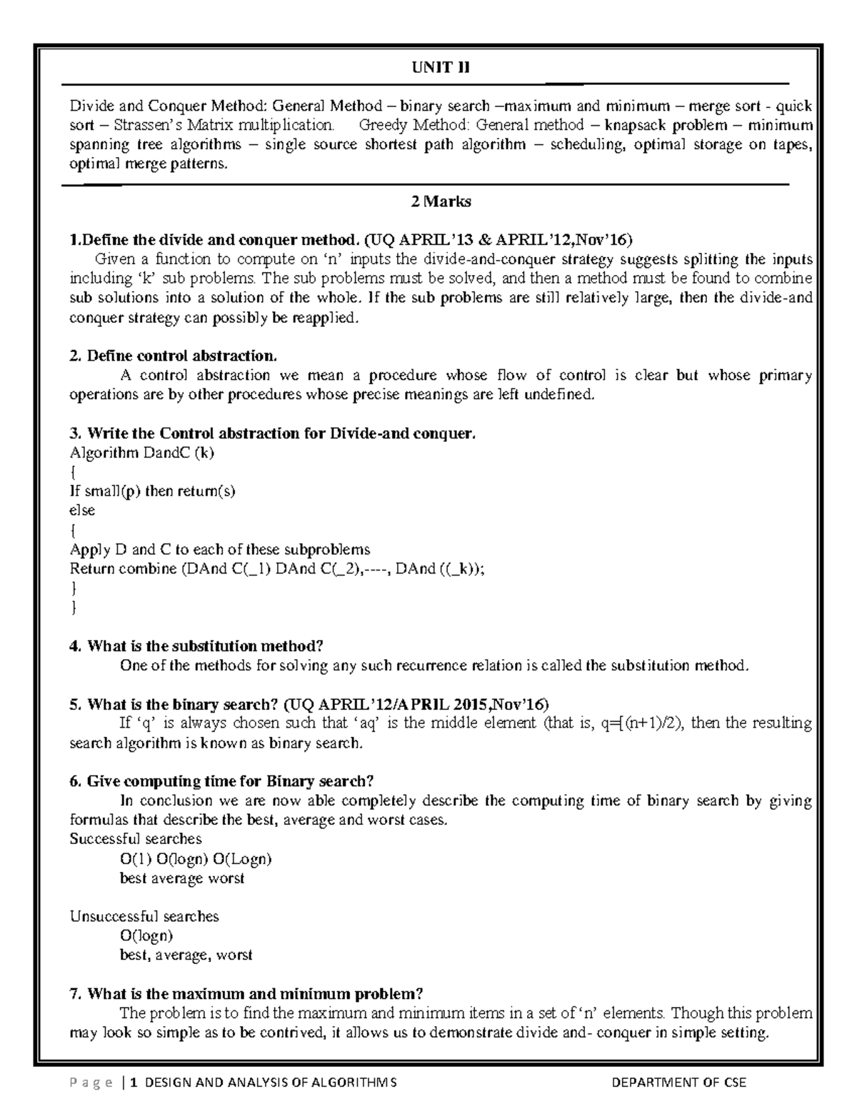 Unit II: Divide and Conquer & Greedy Methods - DME 6kv4p Notes - Studocu