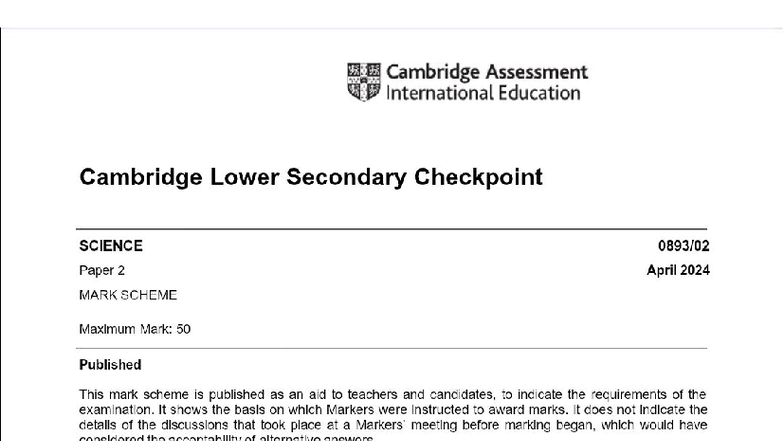 Cambridge Lower Secondary Checkpoint Science Paper 2 Mark Scheme ...