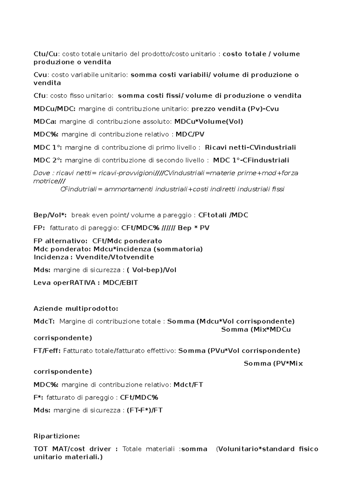 Mini Formulario: Costi e Margini di Contribuzione in Aziende ...