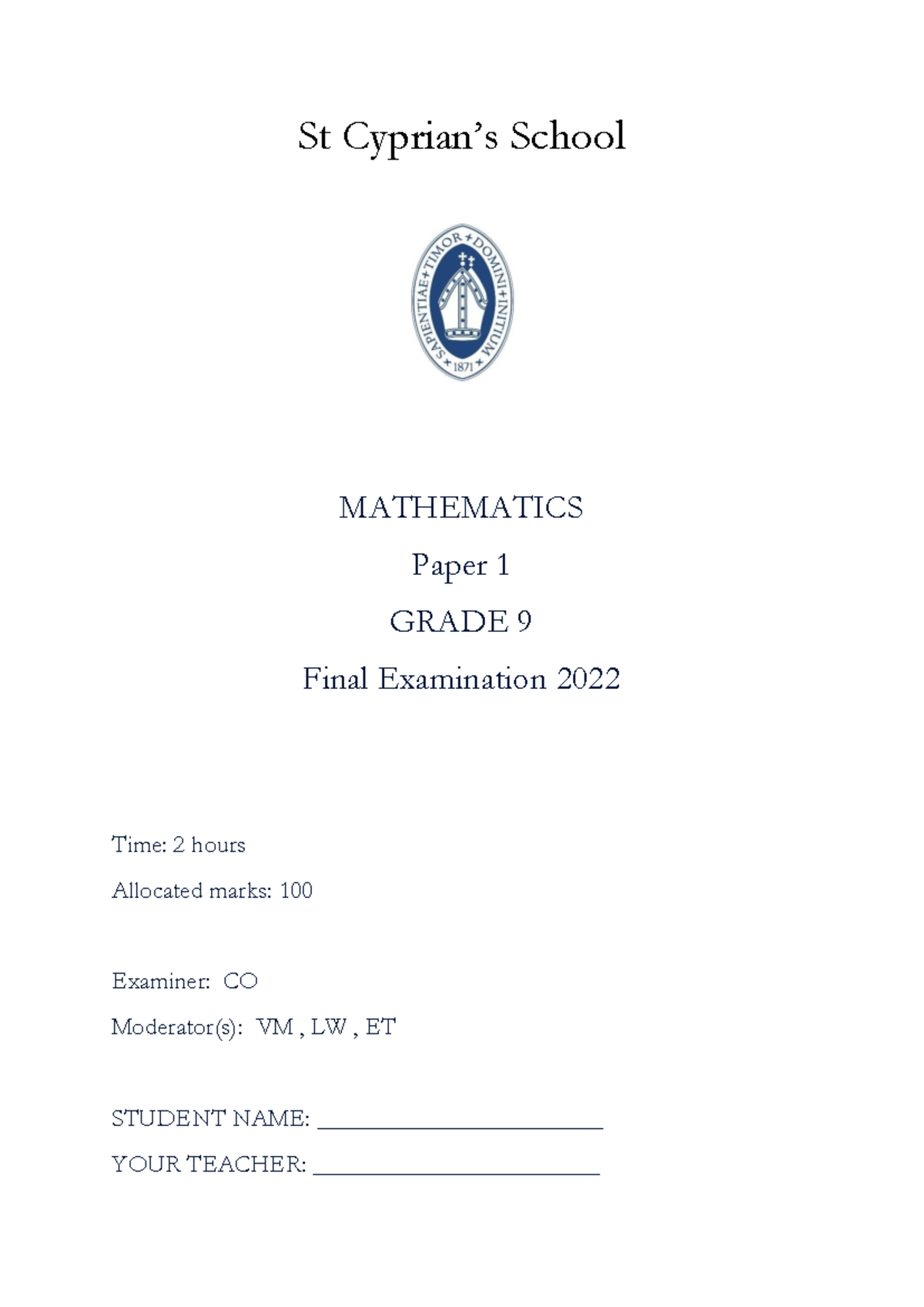 GRADE 9 MATHEMATICS PAPER 1 FINAL EXAMINATION 2022 - Studocu