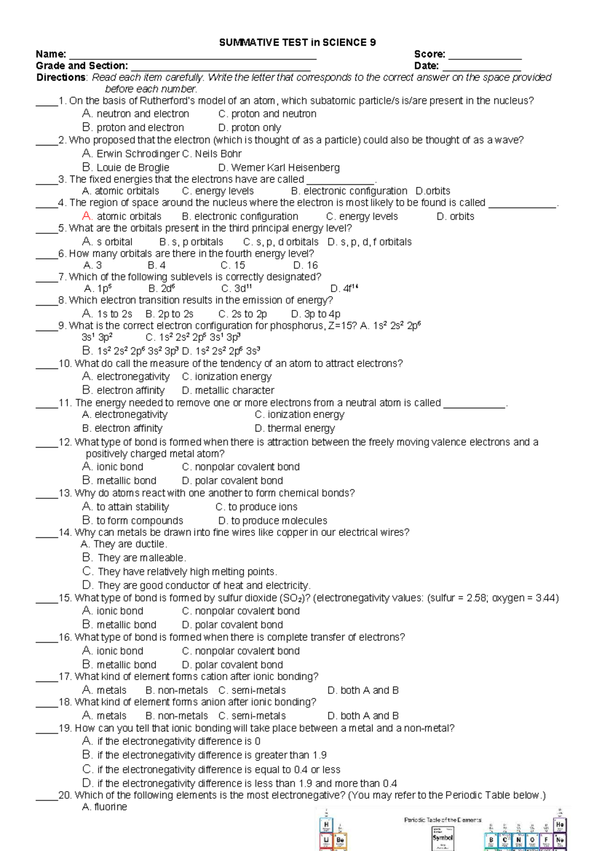 SCIENCE 9 Summative Test Reviewer: Key Concepts & Questions - Studocu