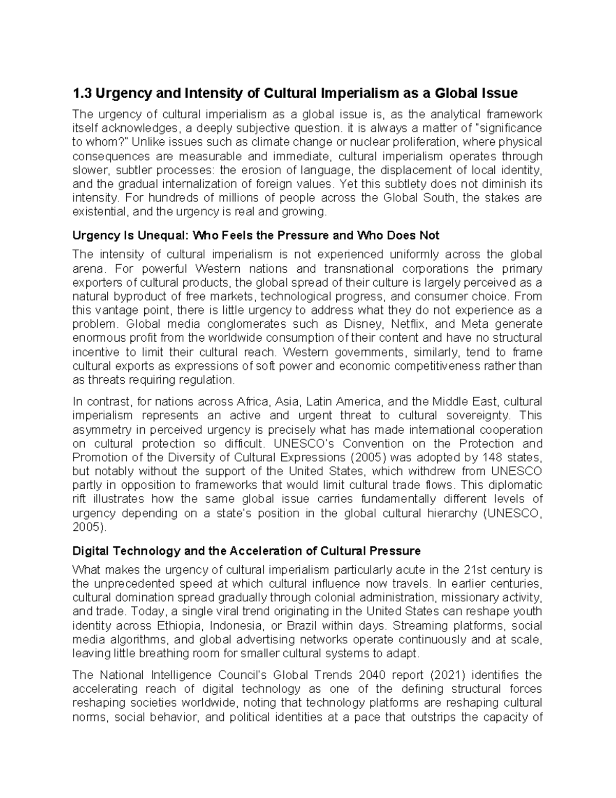 Cultural Imperialism: Urgency and Intensity as a Global Issue - Studocu