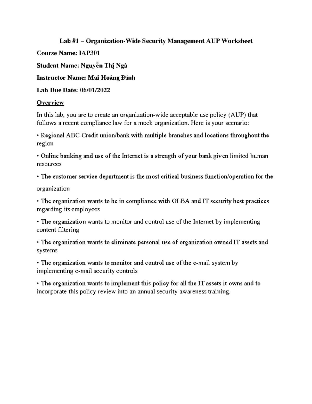 Lab 1: AUP Development for Organizational Security (IAP301) - Studocu