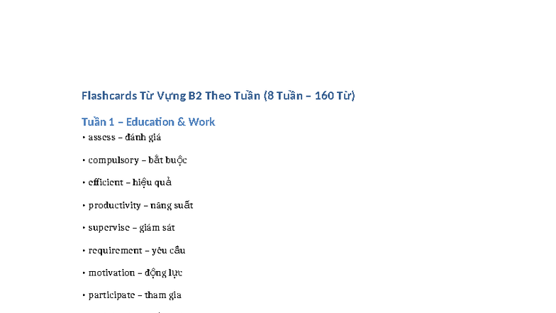 Flashcards Từ Vựng B2 - 8 Tuần 160 Từ Học Từ Vựng - Studocu