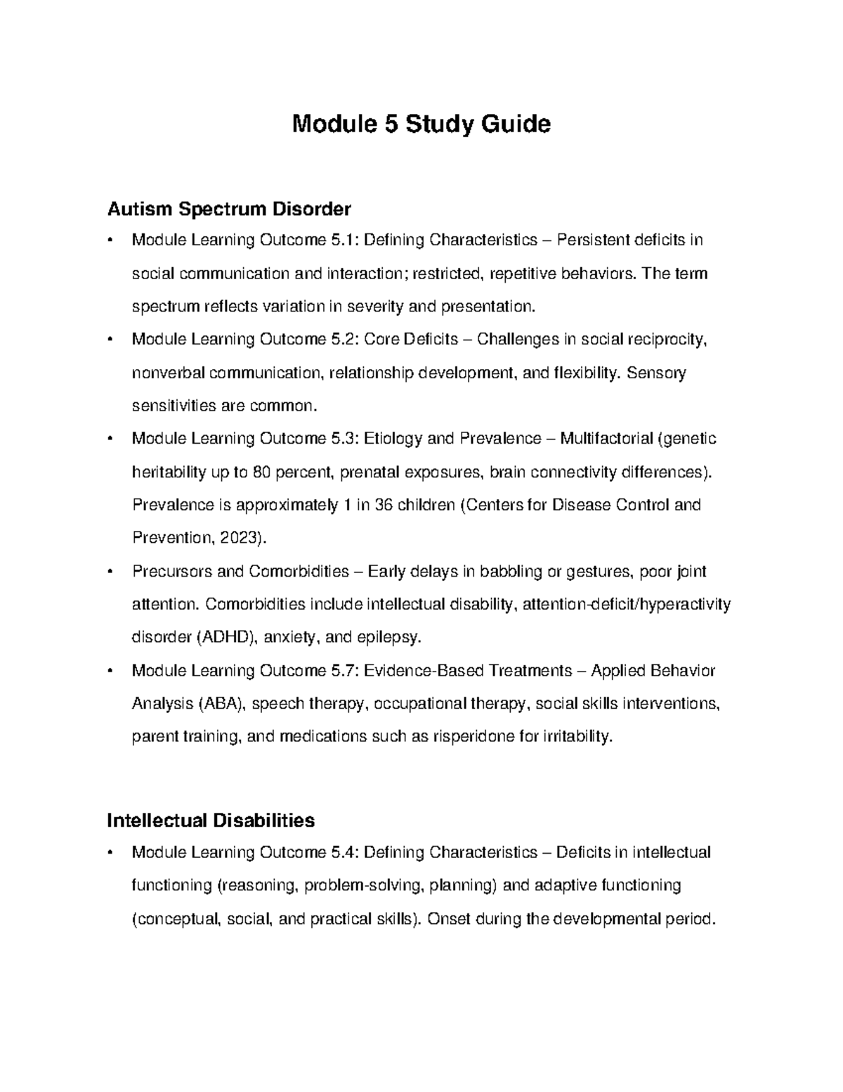 Module 5 Study Guide: Autism Spectrum Disorder & Related Conditions ...