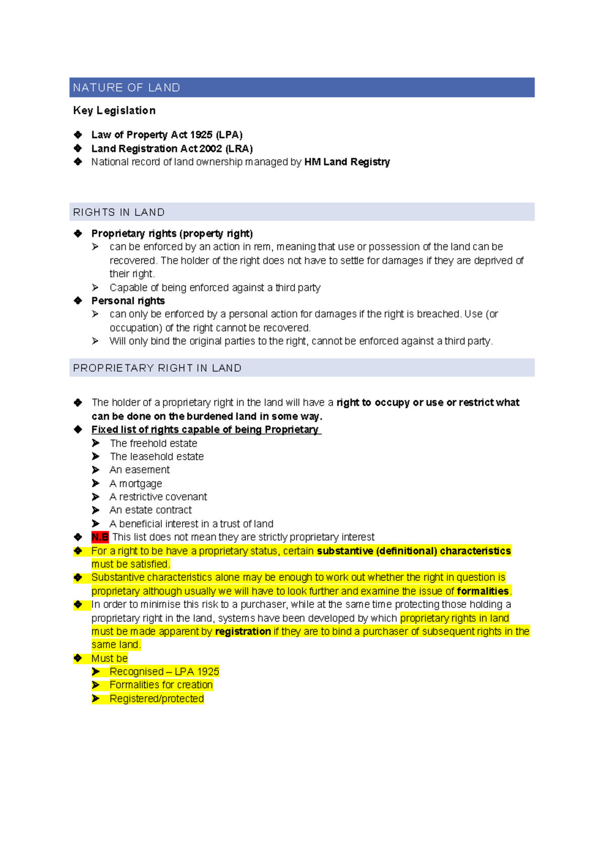 Land Law Notes Summary: Key Concepts on Rights and Estates - Studocu