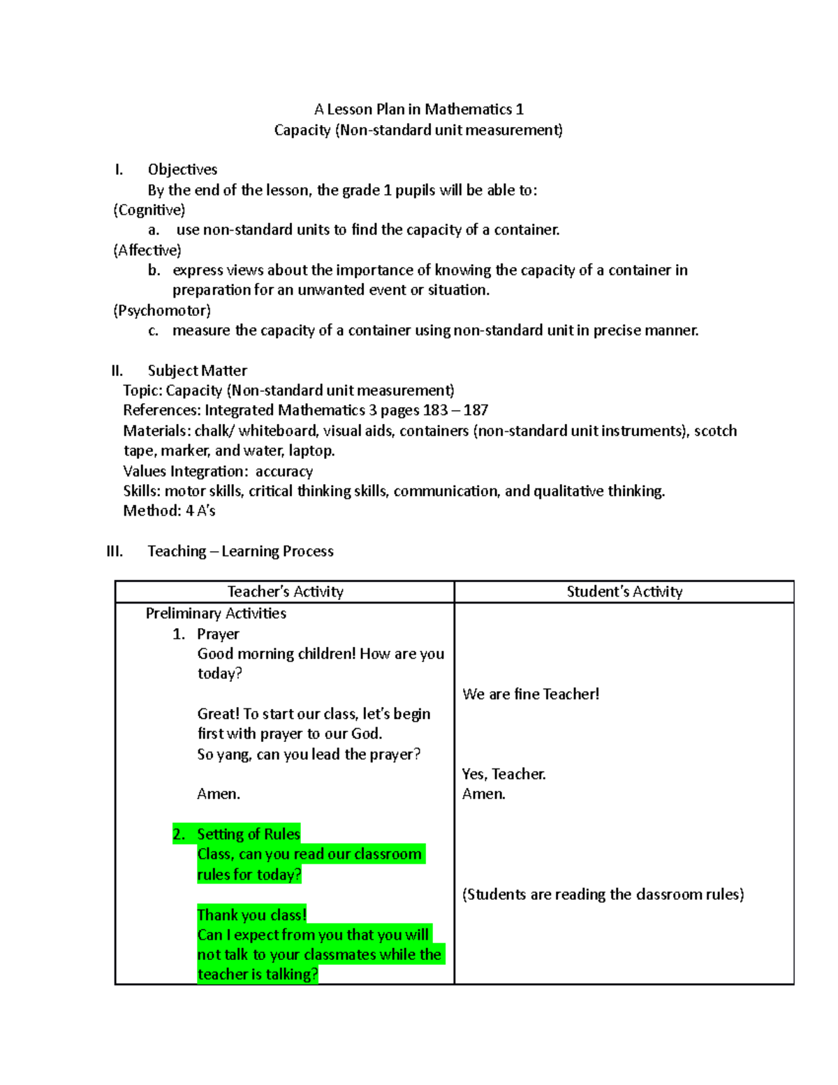 Mathematics 1: Lesson Plan on Non-Standard Unit Capacity - Studocu