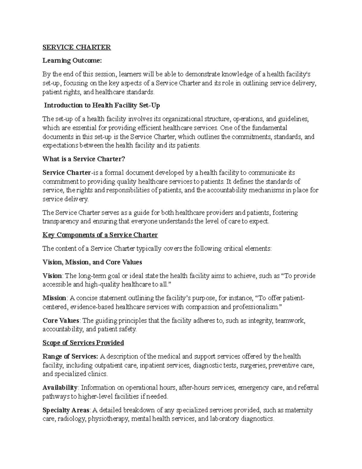 Health Facility Service Charter Overview and Key Elements - Studocu