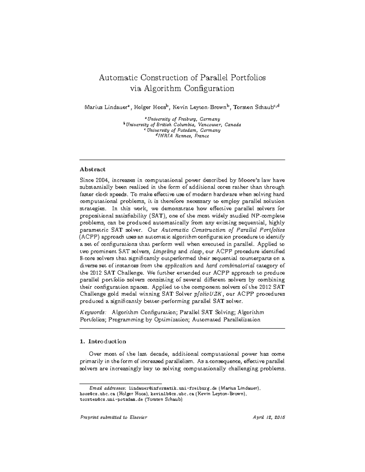 Automatic Parallel Portfolio Construction via Algorithm Config. - Studocu