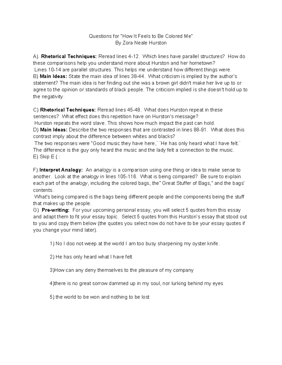 Questions and Analysis for "How It Feels to Be Colored Me" - Studocu