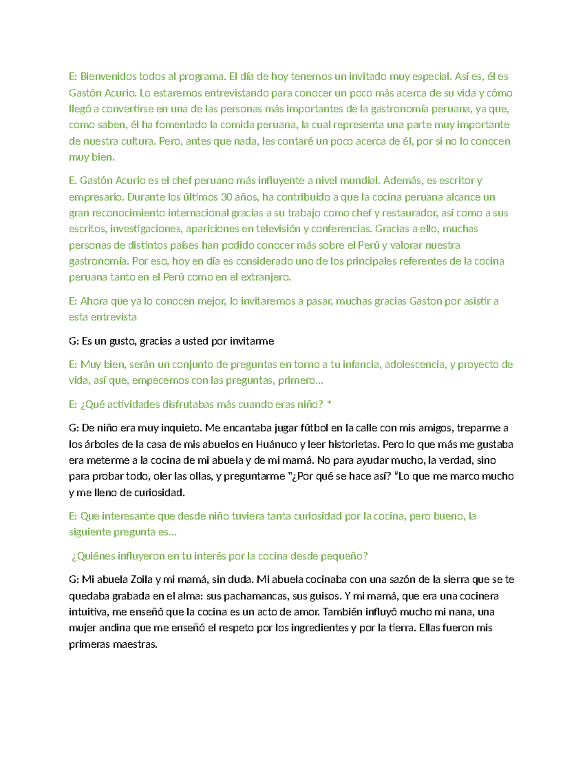 Entrevista a Gastón Acurio: La Gastronomía Peruana y su Impacto - Studocu