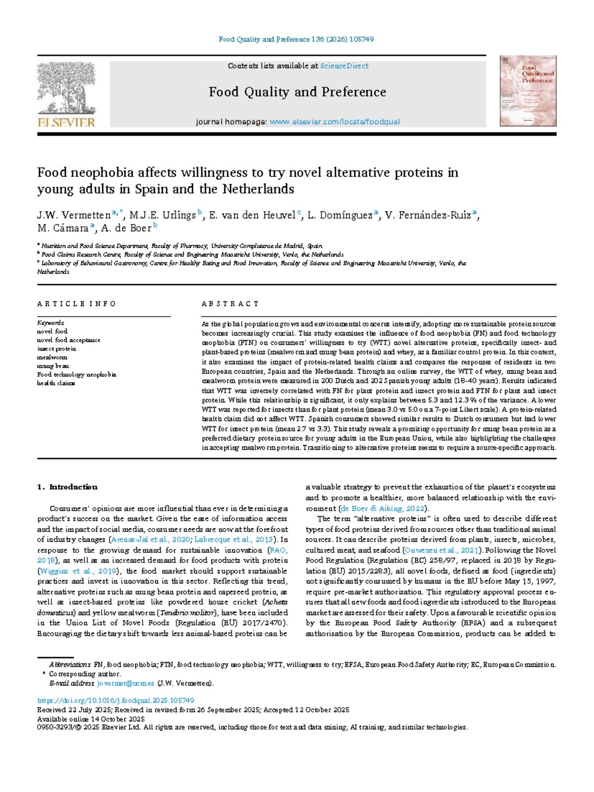 Food Neophobia and Alternative Proteins: A Study in Spain and the ...