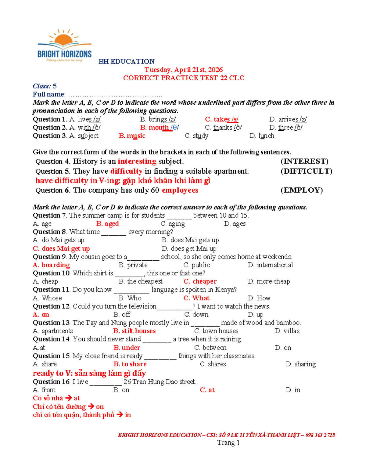 Grade 5 Practice Test 22 CLC - Correct Pronunciation & Grammar - Studocu