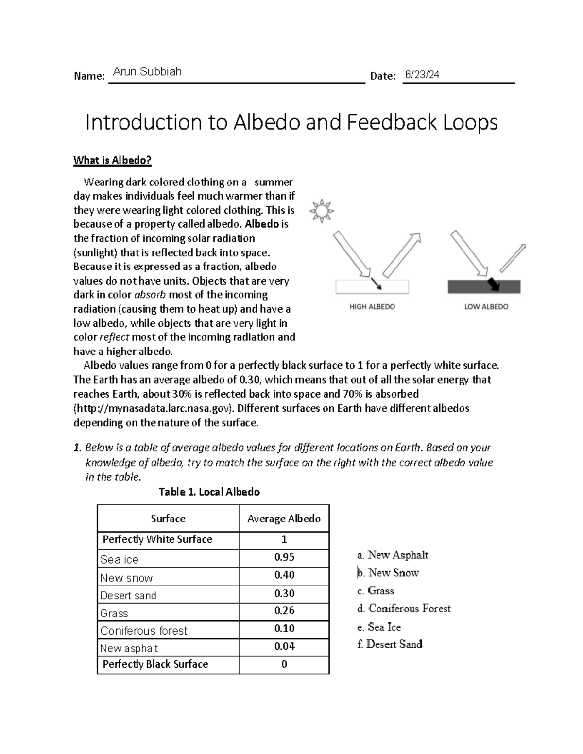 4.4 Introduction To Albedo Assignment - Name: Date: Introduction to ...