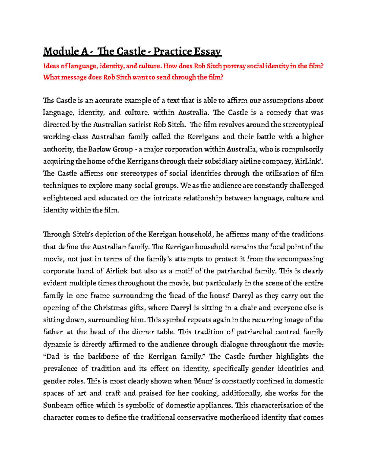 Module A - The Castle - Practice Essay Notes and Insights - Studocu