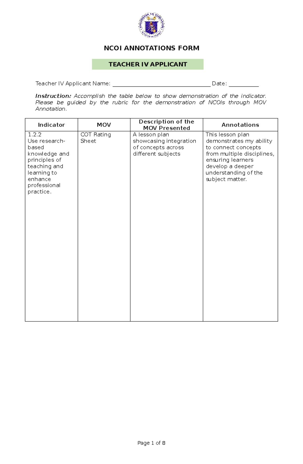 NCOI Annotations Form for Teacher IV Applicant Evaluation - Studocu