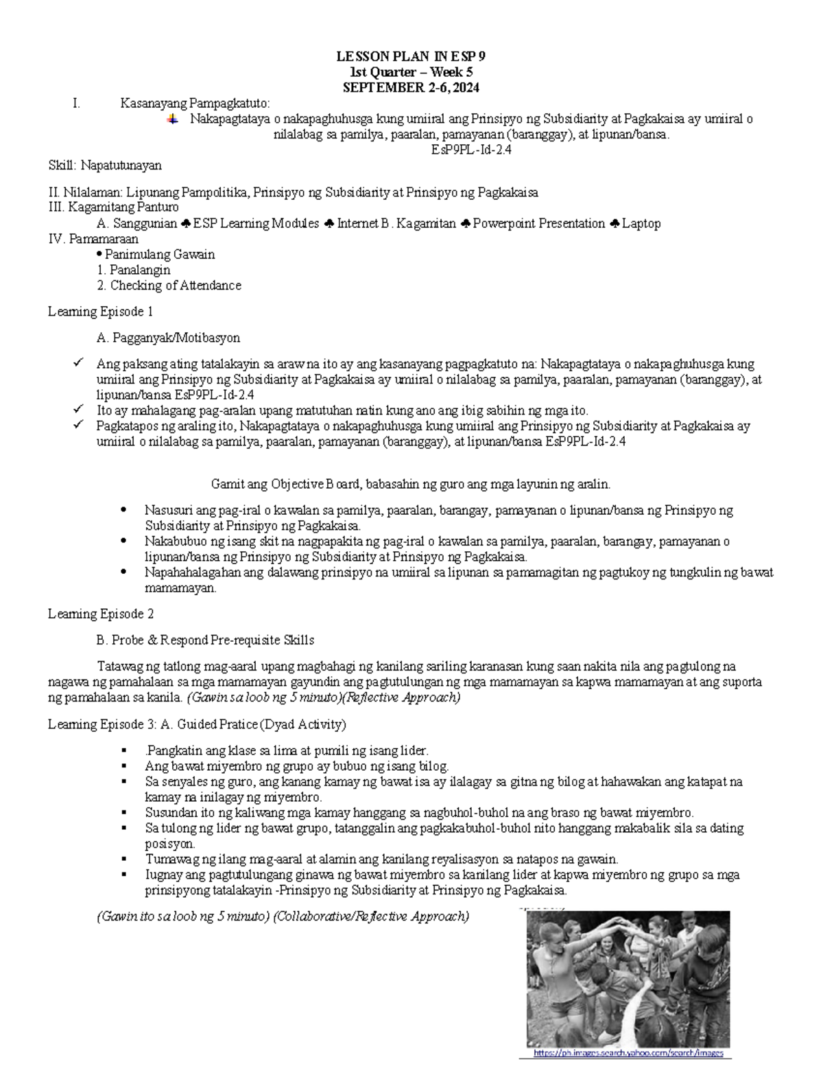 Week 5 Lesson Plan for ESP 9: Subsidiarity and Unity Principles - Studocu