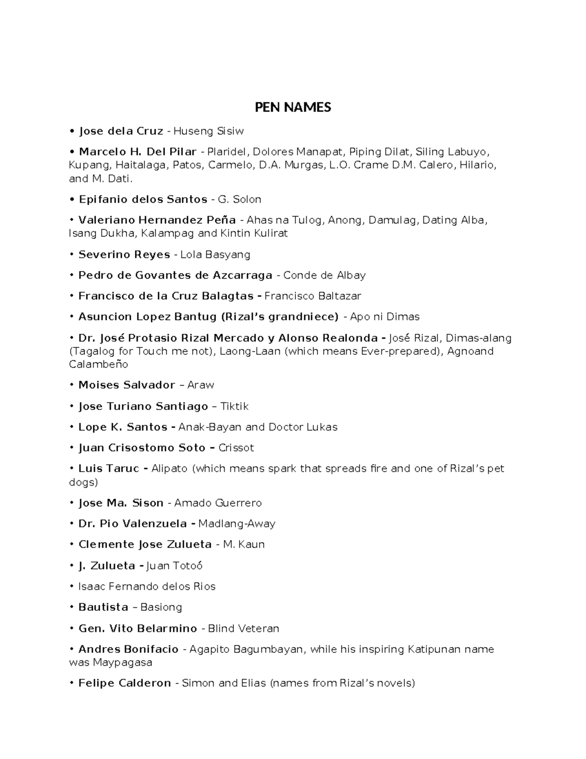 PEN Names of Notable Filipino Authors and Their Aliases - Studocu