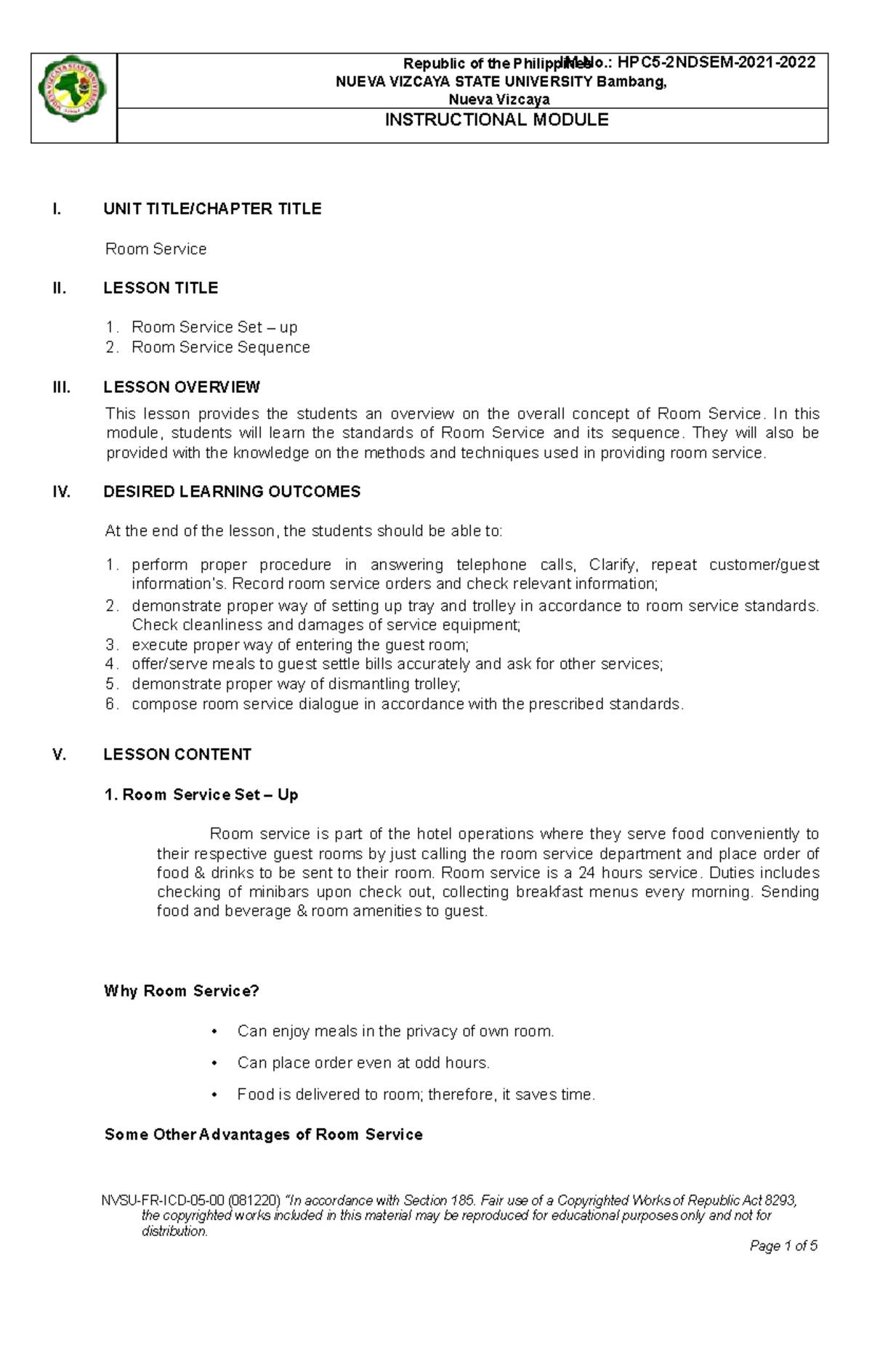 Module 6 (ROOM Service) - I. UNIT TITLE/CHAPTER TITLE Room Service II ...
