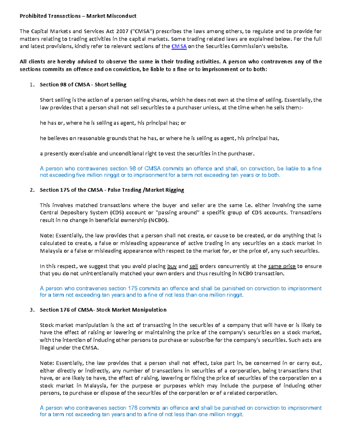 CMSA Prohibited Transactions: Market Misconduct Insights - Studocu