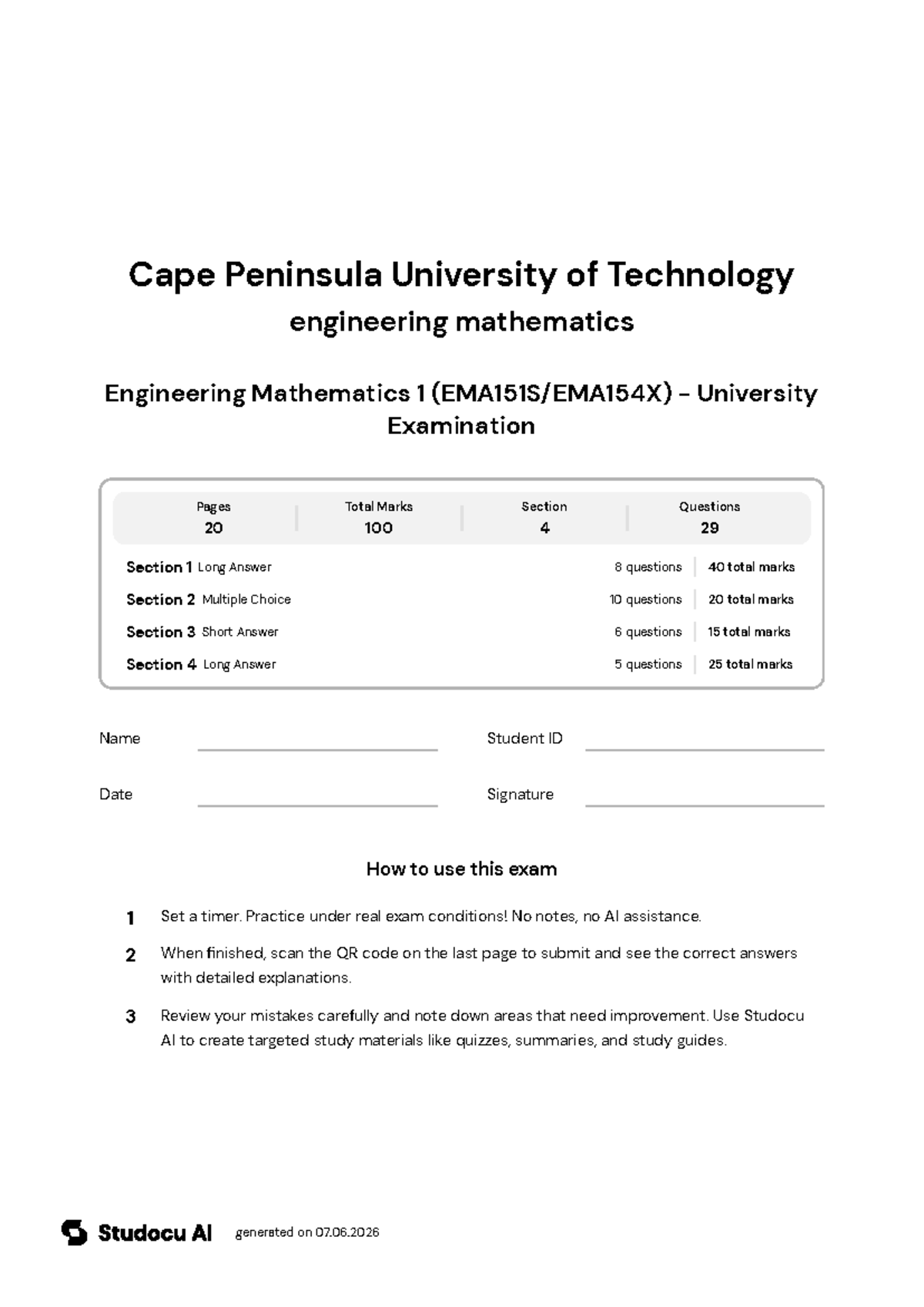 Engineering Mathematics 1 - University Examination (EMA151S/EMA154X ...